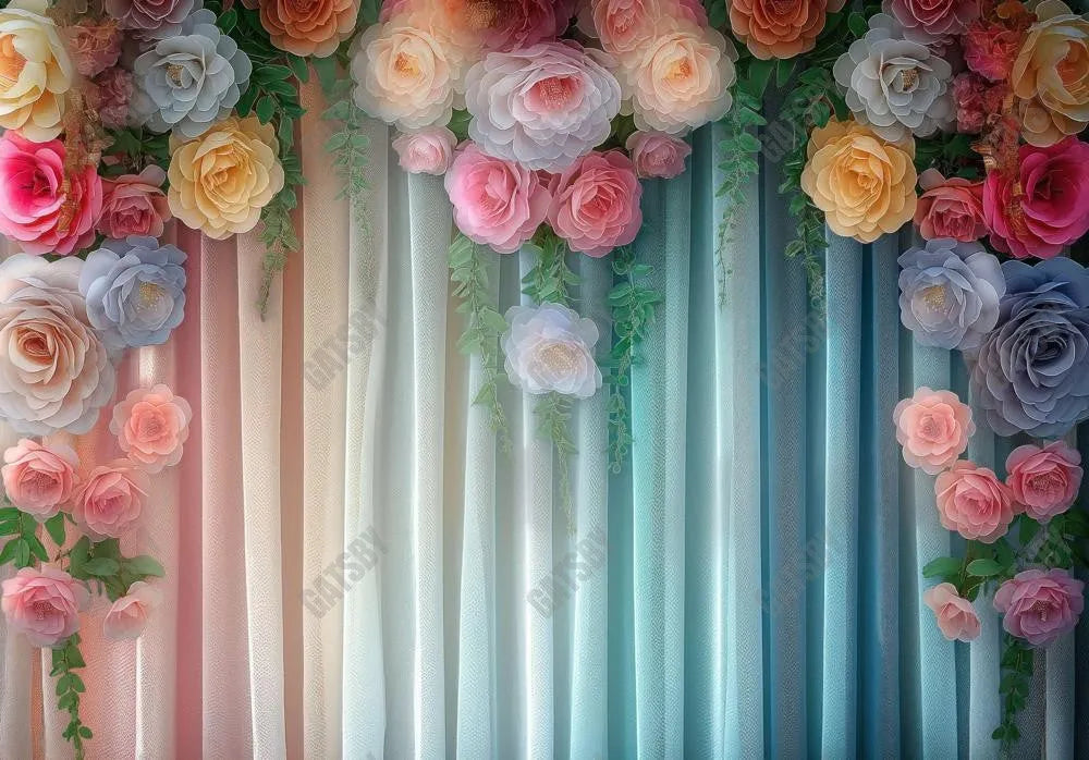 Pastel Color Drapery With Flower Decorations Backdrop – Gatsby Backdrop