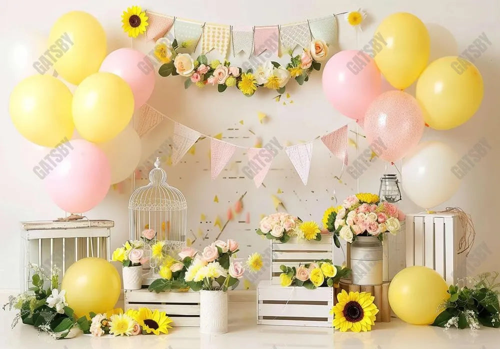 Yellow & Pink Floral Balloon Backdrop – Gatsby Backdrop